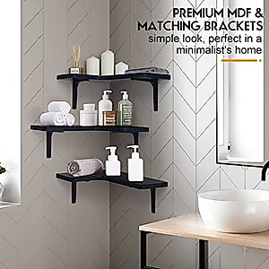 Corner Floating Shelves Set of 4 | Corner Wall Shelves | Wall Mounted Corner Storage Display Shelving for Bathroom, Bedroom, Living Room, Kitchen | 16" W x 11-2/5" D | L-Shaped, Matte Black