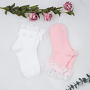 RMSWEETYIL Lace Ruffle Frilly Socks for Women, Cute Lace Ankle Socks (2 Pairs-white+pink)