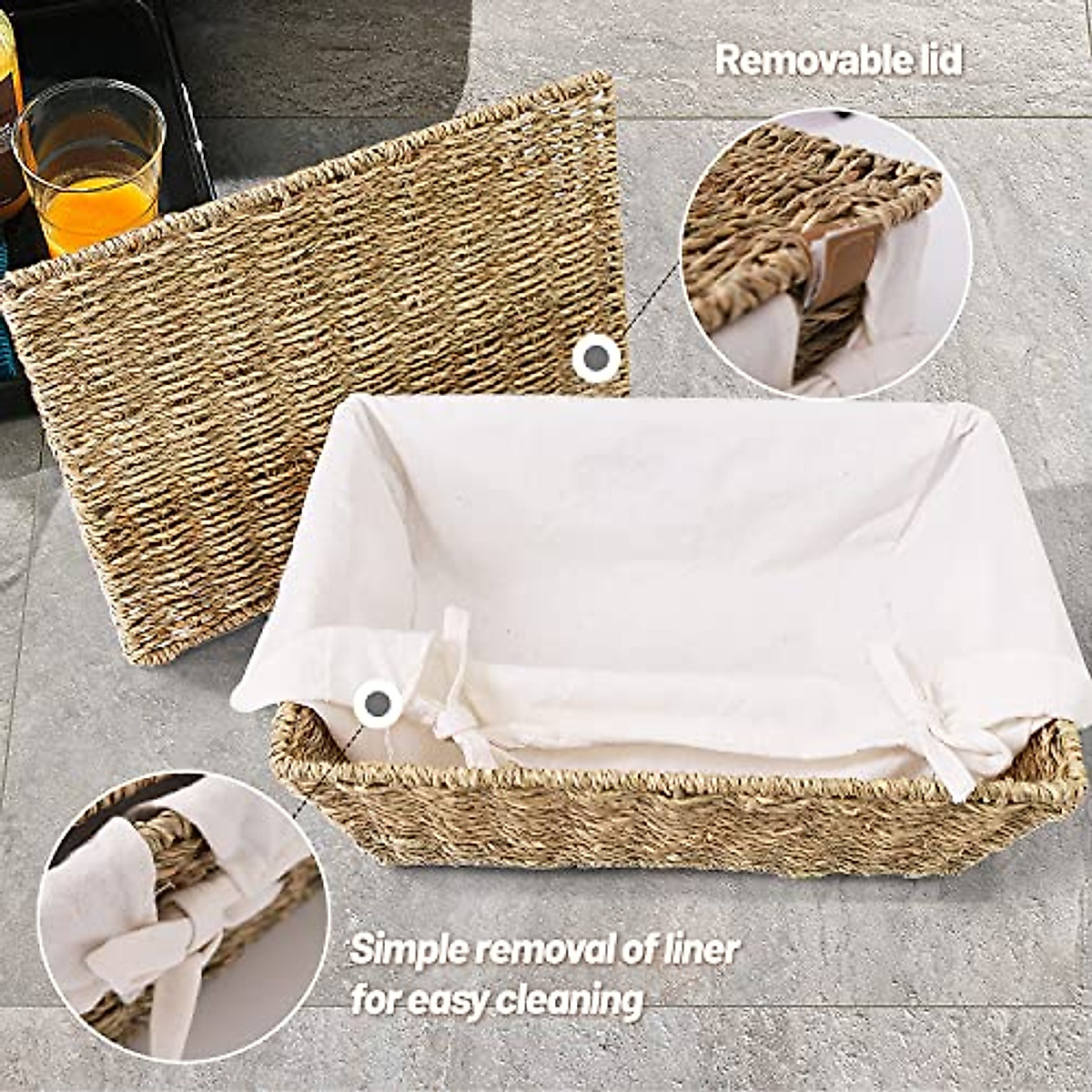 SITANES Seagrass Baskets for Organizing - 2Pcs Wicker Storage Basket with Lids & Liner - Woven Baskets Storage Baskets for Shelves with Black Labels Clips & White Marker 15" x 11" x 5"