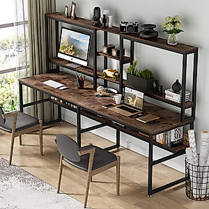 Tribesigns 94.5 inch Two Person Desk with Hutch, Double Workstation Computer Desk with Storage Shelves, Large Industrial Office Desk Study Writing Table with Bookshelf for Home Office, Rustic Brown