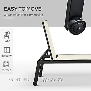 Outsunny Outdoor Chaise Lounge with Wheels, Five Position Recliner for Suntanning, Sunbathing, Steel Frame, Breathable Fabric for Beach Yard, Patio, Cream White