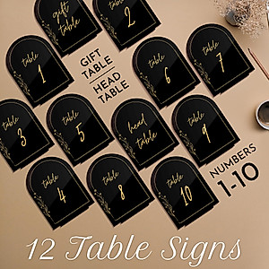 1-10 Black Arched Acrylic Wedding Table Numbers, Gold Print Acrylic Table Numbers for Wedding Reception with Head and Gift Table Number, Floral Gold Table Numbers, Gold Floral Design Table Numbers
