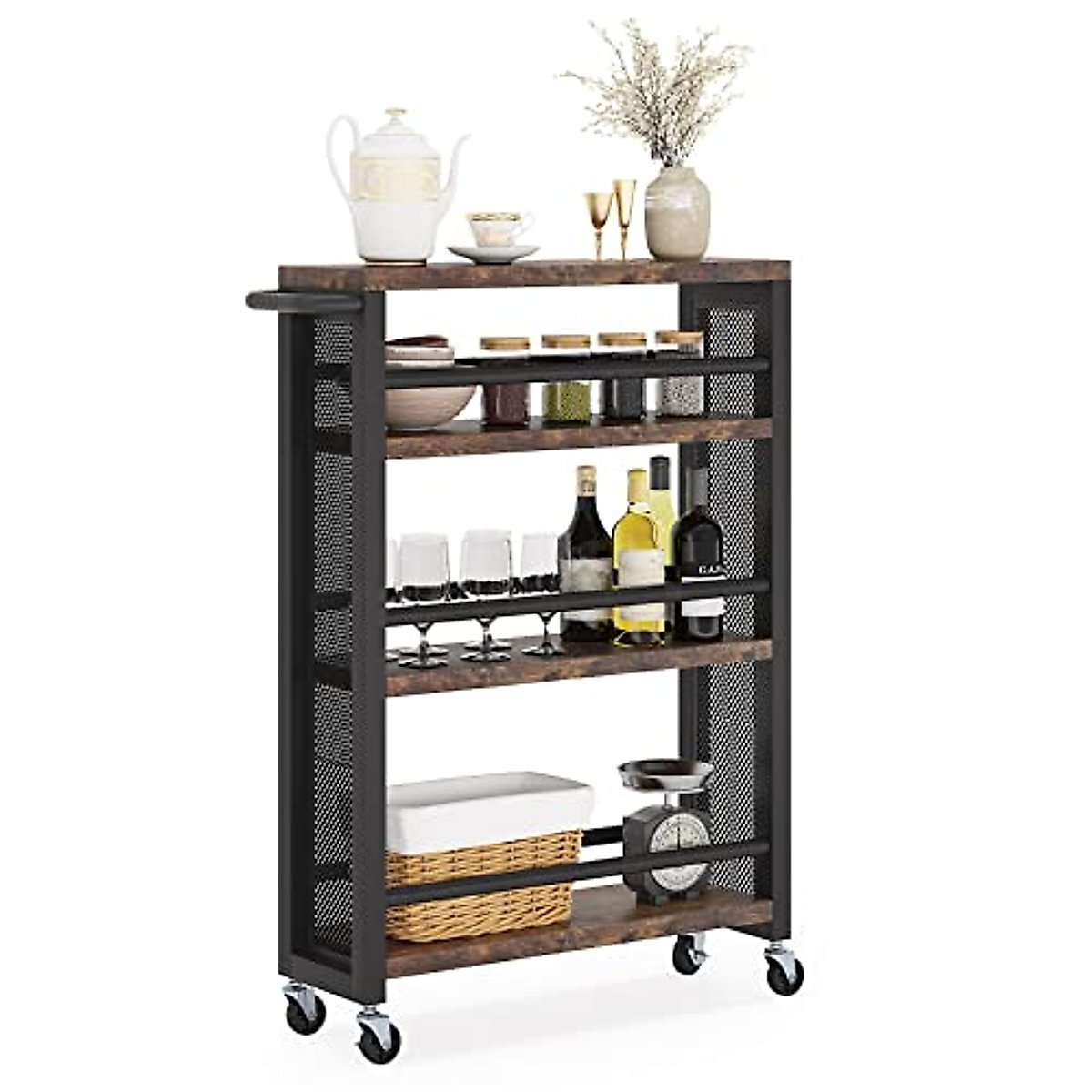 LITTLE TREE 4-Tier Slim Rolling Storage Cart with Handle, Narrow Utility Trolley carts with Wheels for Small Place