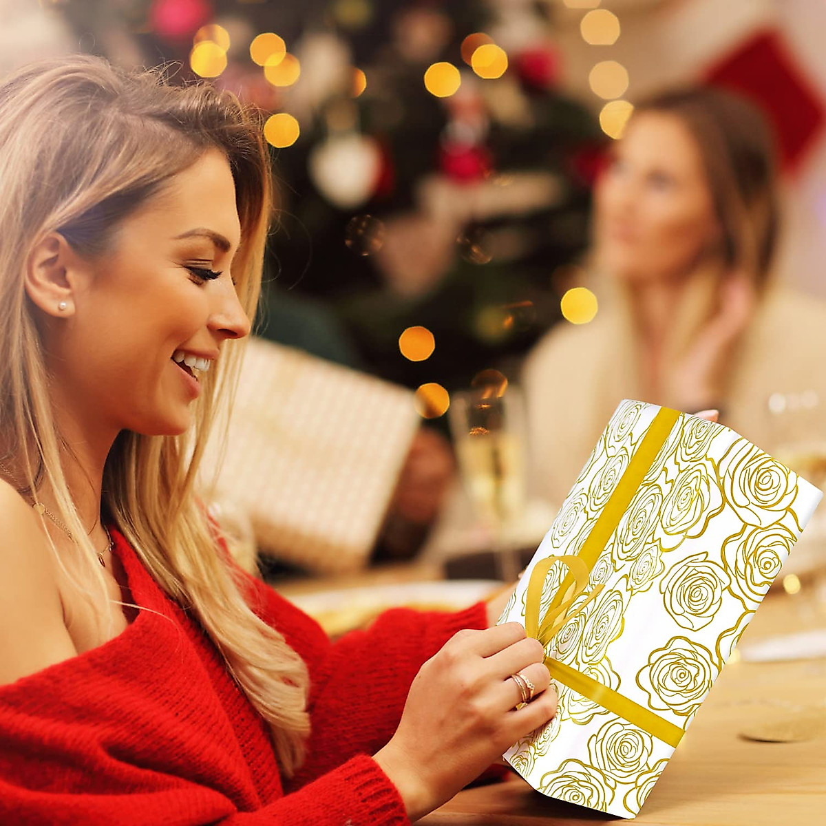 Wedding Wrapping Paper, 7 Sheets Golden Rose Pattern in White Art Paper with 1 Roll Gold Ribbon, 20 x 28 inch Per Sheet Folded Flat Gift Wrap for Weddings, Birthday, Baby Showers, Bridal Showers