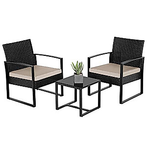 Yaheetech 3 Pieces Patio Porch Furniture Sets Outdoor Garden Furniture Sets Modern PE Rattan Wicker Chairs with Washable Cushion & Tempered Glass Tabletop Coffee Table Black/Beige