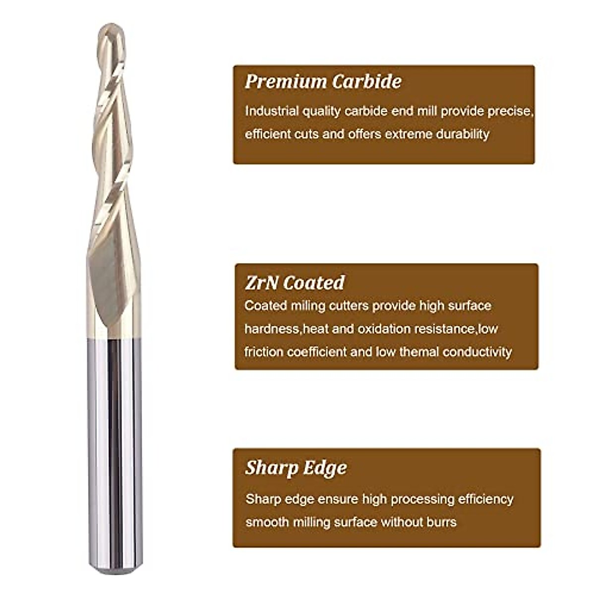 SpeTool Tapered Ball Nose End Mill 1/4" Shank with 1/16" Cutting Radius (1/8" Diameter) for 3D Carving Engraving Router Bit, ZrN Coated