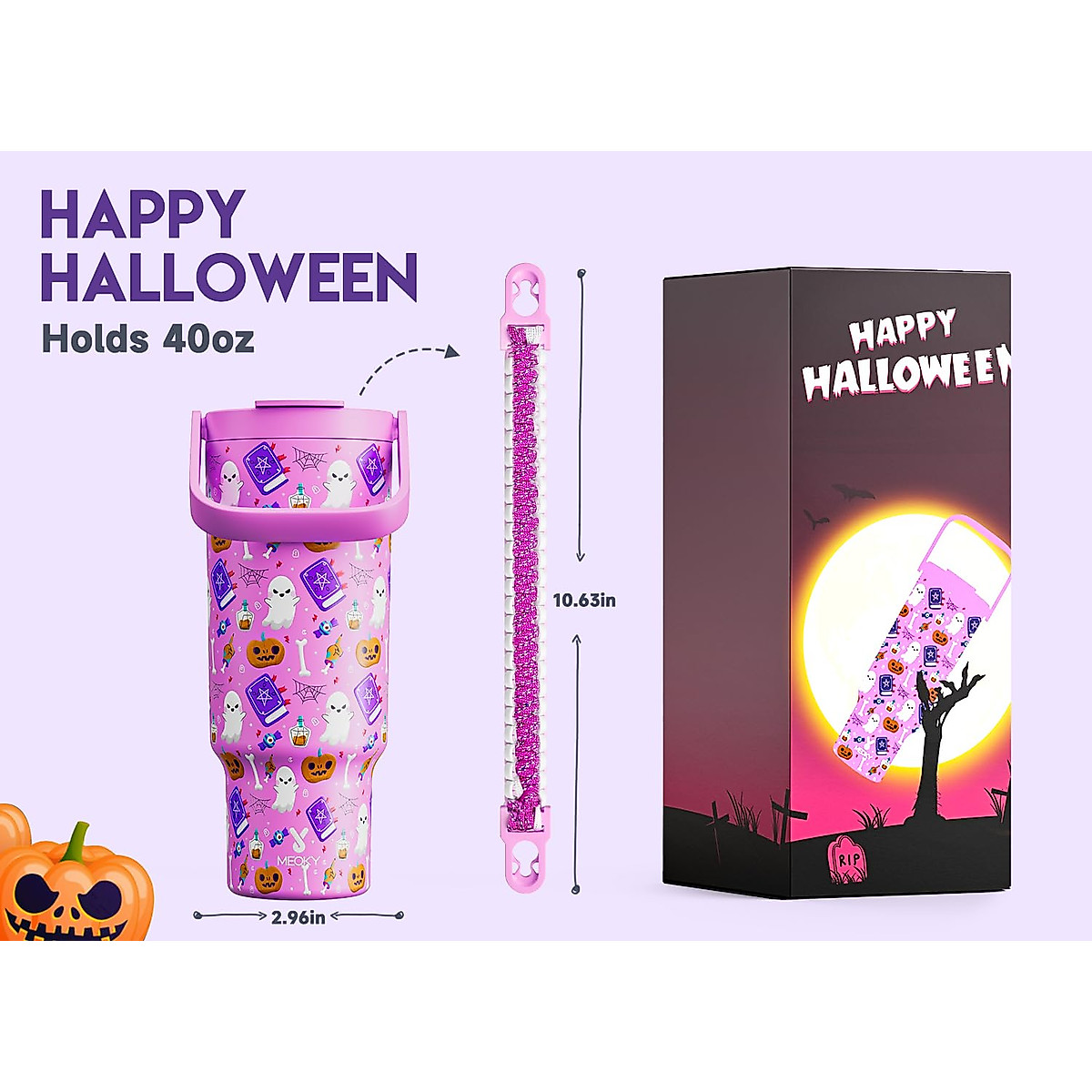 Meoky 40 oz Halloween Tumbler with Handle and Straw, Insulated Water Bottle, Stainless Steel Travel Mug, Keeps Cold for 34 Hours, Fits in Car Cup Holder (Spooky Pumpkin)