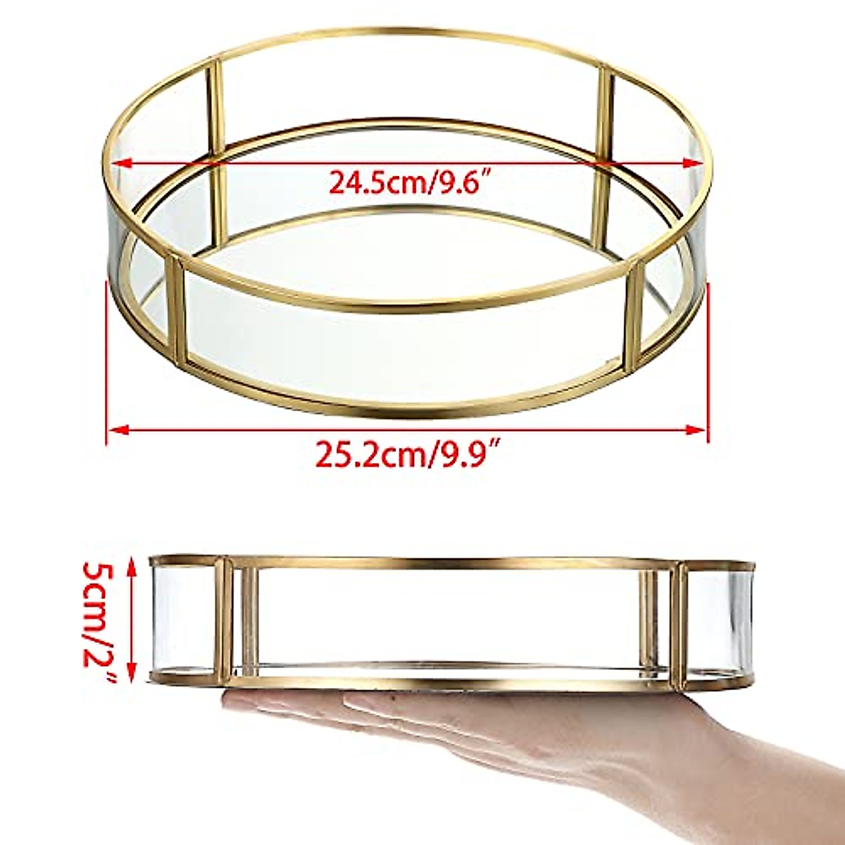 ELLDOO Gold Round Glass Tray, Mirror Jewelry Tray Perfume Tray Mirror Vanity Tray Dresser Tray Ornate Tray Metal Decorative Tray Perfume Organizer Makeup Tray for Vanity Dresser
