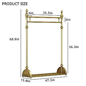 Clothing Rack Gold, Industrial Clothes Rack for hanging Clothes with Double Shelves Freestanding Multi-functional Heavy Duty Garment Rack, Metal Movable Portable Coat Rack for Organizing Clothes Shoes