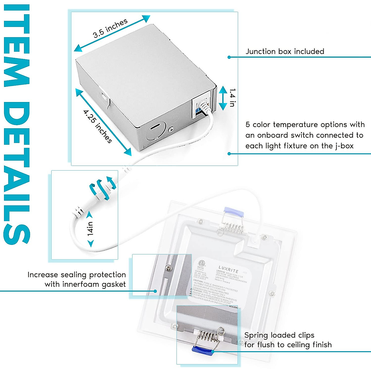 LUXRITE 4 Inch Ultra Thin Square LED Recessed Lighting, 12W, 5CCT Color Selectable 2700K-5000K, 950 Lumens High Output, Dimmable LED Wafer Lights, Wet Rated, Energy Star, ETL, Baffle Trim (6 Pack)
