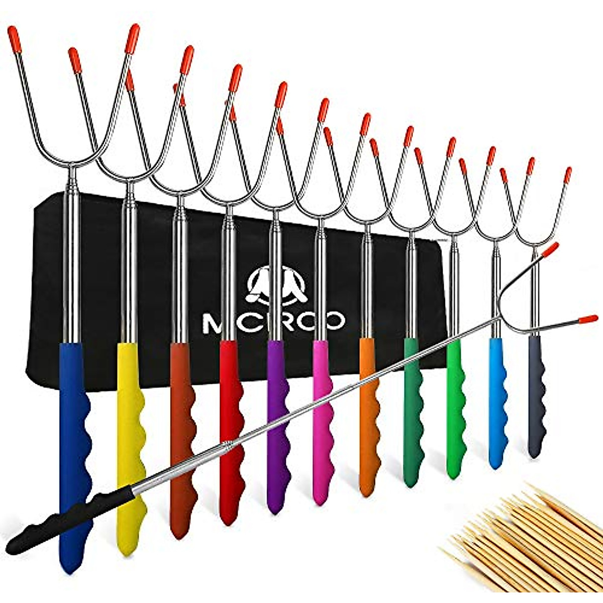 M MCIRCO Marshmallow Roasting Sticks,Set of 12 Pack 45'' Telescoping Smores Skewers Hot Dog Extending Stainless Steel Forks for Camping, Campfire, Bonfire Kids, Multicolor,Include 20 Bamboo Skewers