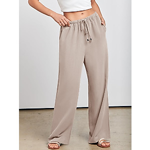 ANRABESS Women's Linen Summer Palazzo Pants Elastic Waist Casual Beach Trendy Wide Leg Trousers with Pockets Large Light Khaki