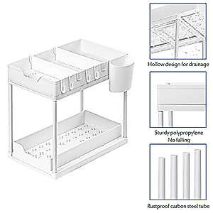 Puricon 2 Pack Under Sink Organizers and Storage 2-Tier Double Sliding Pull-Out Drawer, Under The Sink Organizer Kitchen Multi-Purpose Under Bathroom Sink Shelf Storage Rack for Cabinet -White