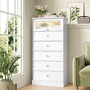 FINETONES 6 Drawer Dresser White Dresser, 48.7'' Tall White Dresser Chest of Drawers, White and Gold Dresser with Glass Drawer, Gold Dresser Modern Dresser for Home Office