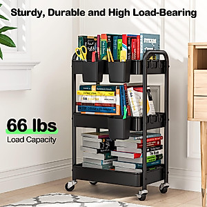 3 Tier Rolling Cart, YASONIC Metal Utility Cart, 66 Pounds Capacity, Mesh Storage Organizer Cart with Lockable Wheels & 3 Hanging Cups & 4Hooks, Easy Assembly, for Kitchen, Bathroom, Laundry, Grocery