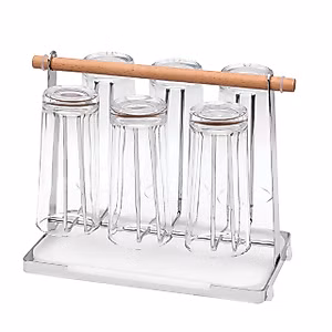 POCHOIO Cup Drying Rack for Countertop,Stainless Steel Bottle and Mug Drying Rack with Wooden Handle-Countertop Organizer for Mugs, Glasses, and Bottles,Silver
