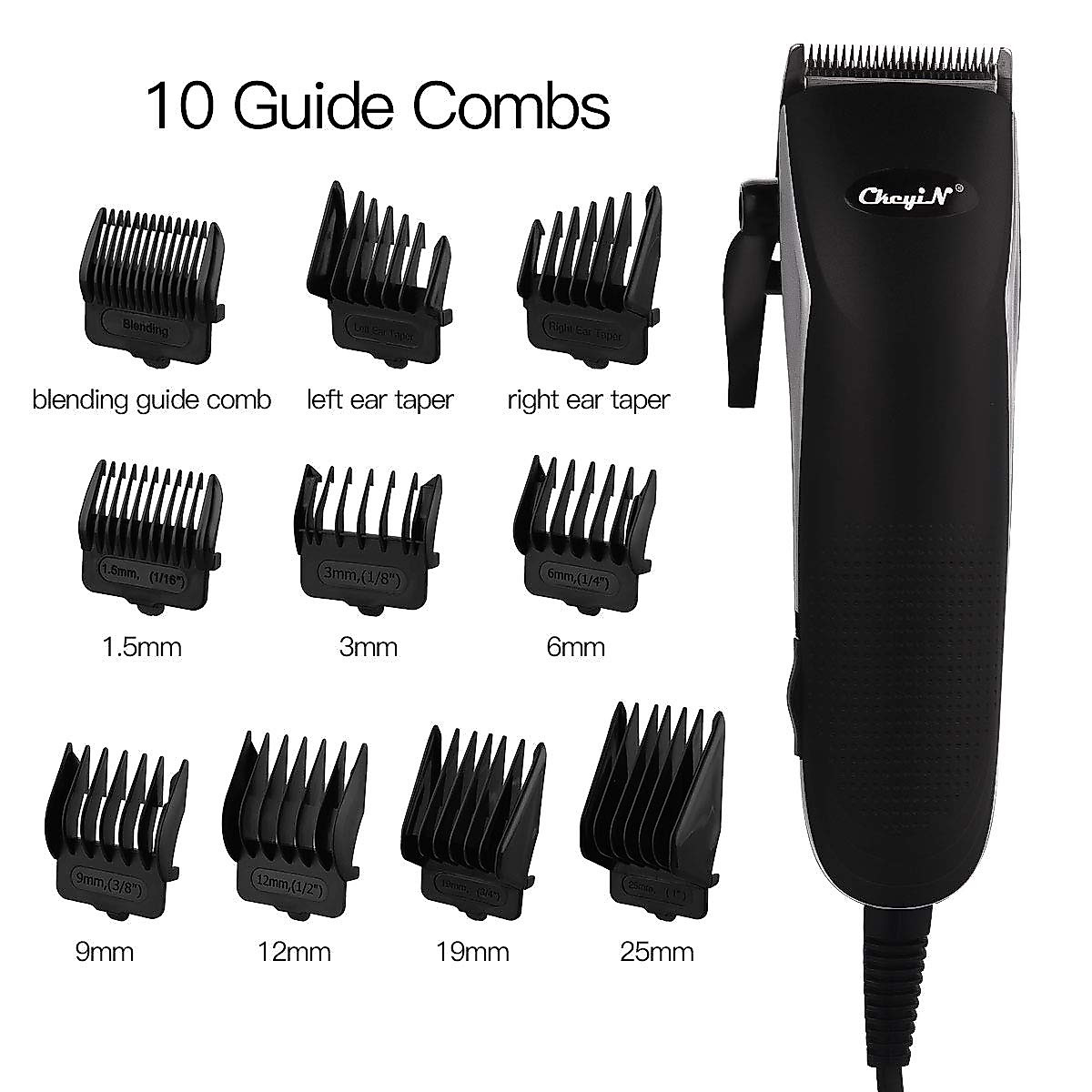 CkeyiN Hair Clippers for Men, Electric Hair Trimmer Corded Clipper Home Haircut & Grooming Kit with 10 Guide Combs 1 Scissor 1 Comb for Men Kids Barber