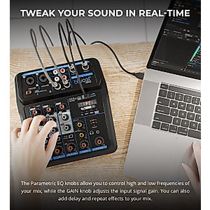 Blucoil 4-Channel Audio Mixer with 48V Phantom Power, 2-Band EQ, Delay and Repeat Effects, Bluetooth, XLR Microphone and MP3 USB Inputs for Home Studio Recording on Windows and Mac