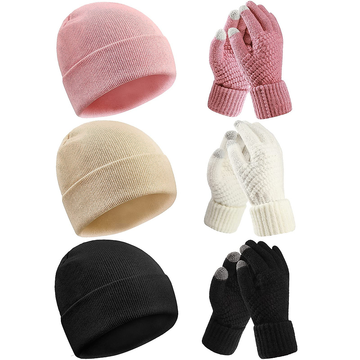 SATINIOR 6 Pieces Winter Beanie Hat Gloves Set, Knit Hat Touchscreen Gloves Soft Skull Cap Set for Women Men(Black, Pink, Apricot, White)