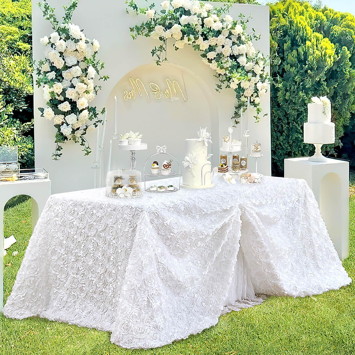 B-COOL White Table Cloth Rectangle 60 x102 Inches for Parties Rosette Wedding Tablecloth Party Table Decor Satin Floral Table Cover for Baby Shower Home Decorations