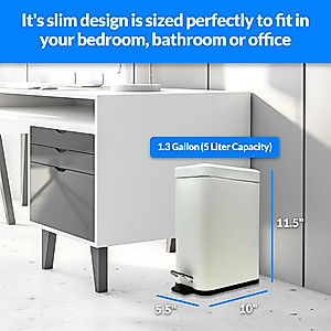 Reli. Small Trash Can with Lid, 1.3 Gallon (5 Liter) | Stainless Steel (White) | Small Bathroom Trash Can | Step Pedal Garbage Bin with Removable Bucket, Kitchen | Rectangular Metal Bin
