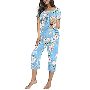 POPYOUNG Women's Pajamas Sets, Summer Short Sleeves Tunic Top with Comfy Capri Pants, Lounge Sleepwear 2 piece Ladies Pjs Sets with Pockets L, Floral Blue