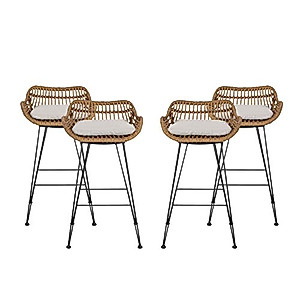 Great Deal Furniture Candance Outdoor Wicker Barstools with Cushions (Set of 4), Light Brown and Beige