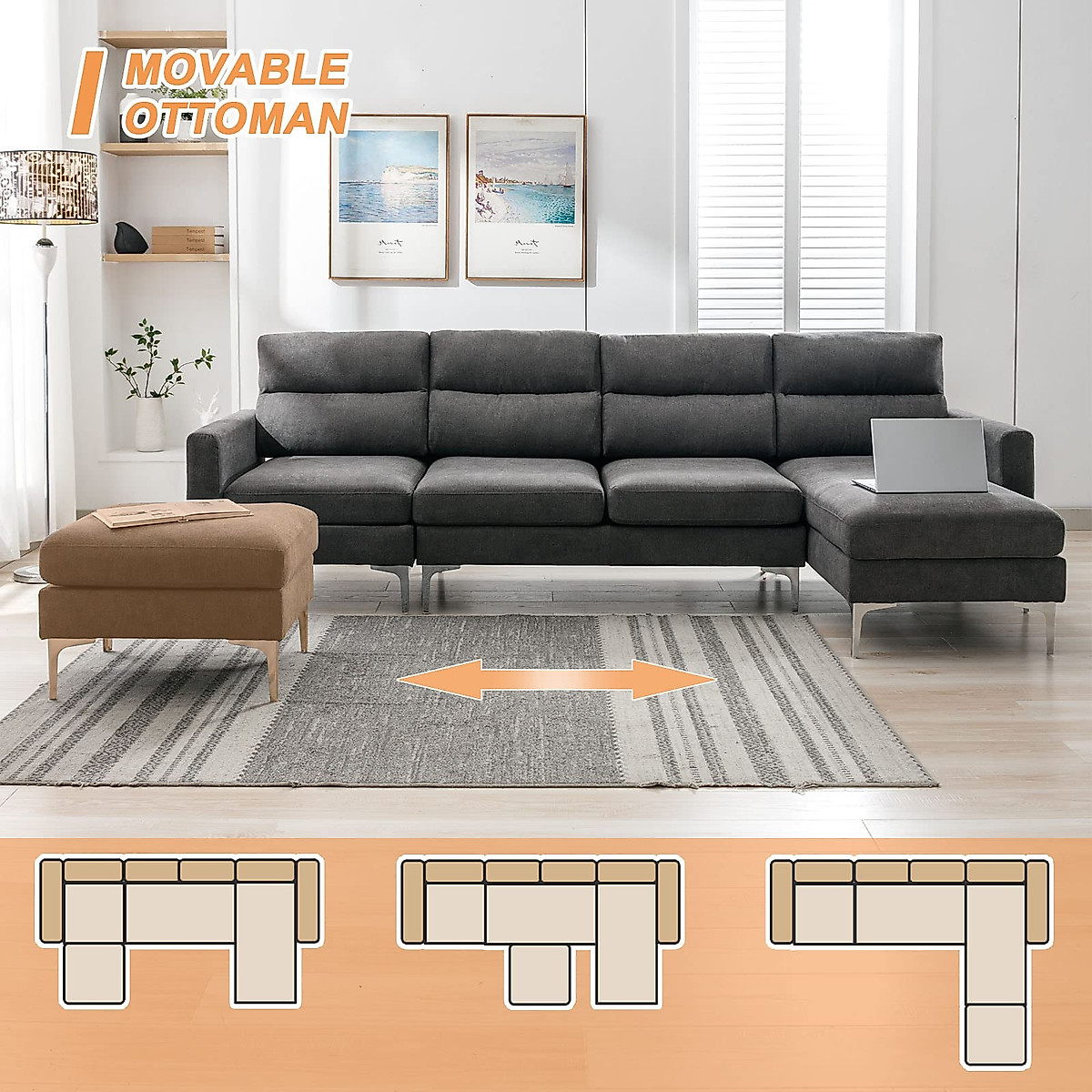 Houjud 110" Convertible Sectional Sofa Couch, Modern Linen Fabric L-Shaped Couch 4-Seat Sofa Couch w/Reversible Chaise and Side Pockets for Living Room, Apartmentt (Grey)