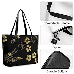 Womens Handbag Japanese Cherry Flower And Crane Leather Tote Bag Top Handle Satchel Bags For Lady