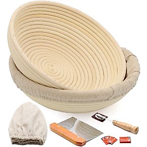 10" Round Banneton Bread Proofing Basket 2 Set, Sourdough Proofing Bowl Kit, Gifts for Artisan Bread Making Starter, Includes Linen Liner, Metal Dough Scraper, Bread Lame & Case, Extra Blades