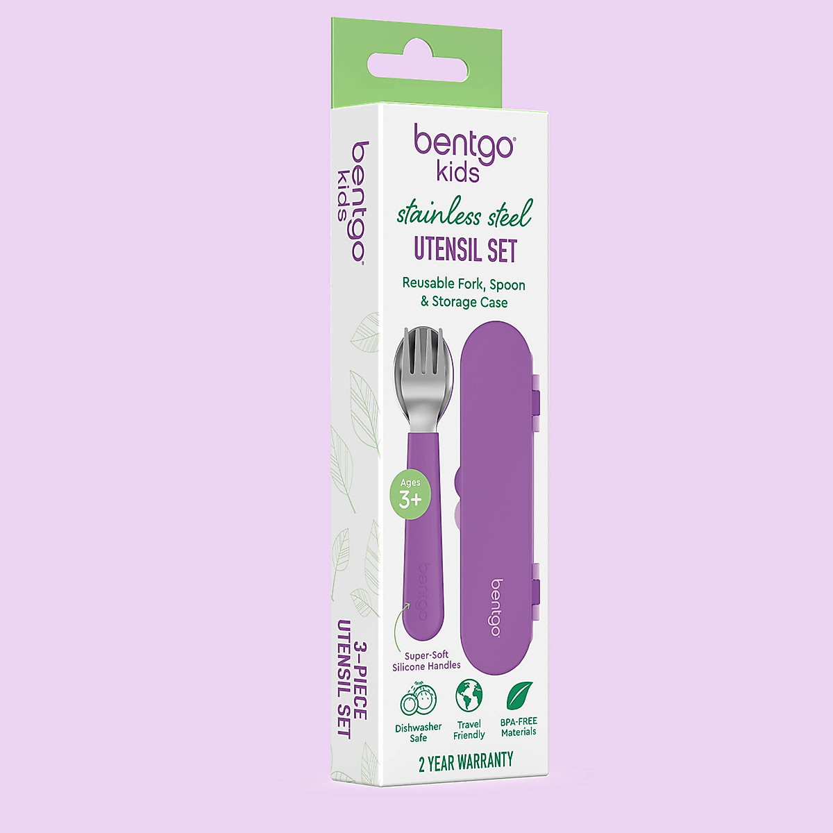 Bentgo® Kids Stainless Steel Utensil Set - Reusable Fork, Spoon & Storage Case - High-Grade BPA-Free Stainless Steel, Easy-Grip Handles, Dishwasher Safe for School Lunch, Travel & Outdoors (Purple)