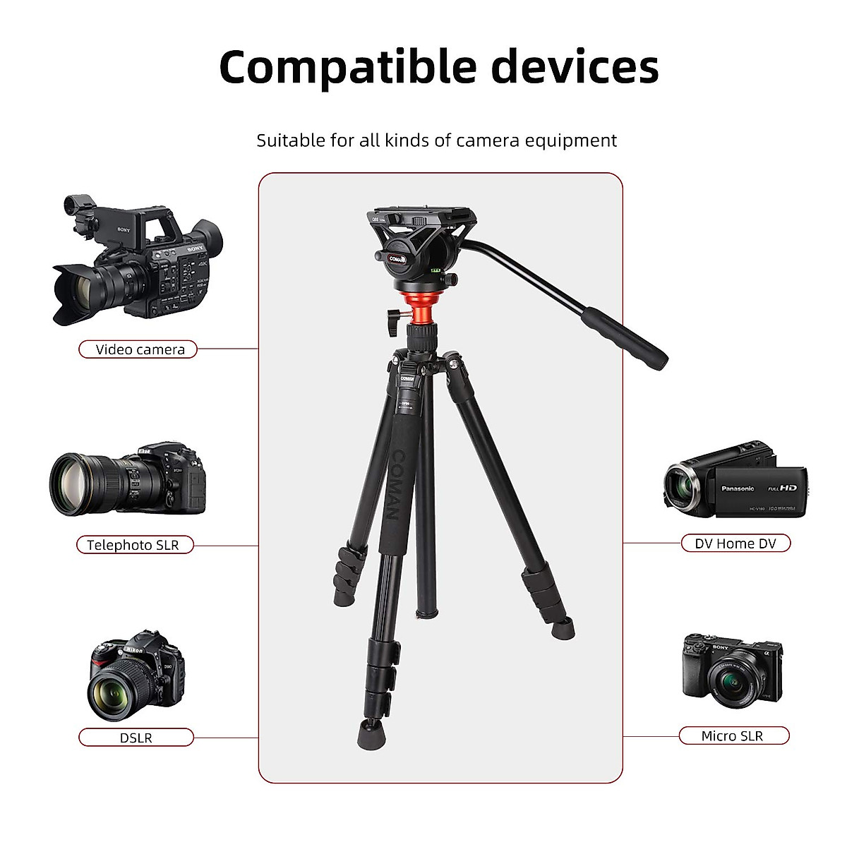 Fluid Head Tripod, COMAN Video Camera Tripod Monopod Aluminium Alloy 70.8 inch for Canon Nikon Sony DSLR Camera Black