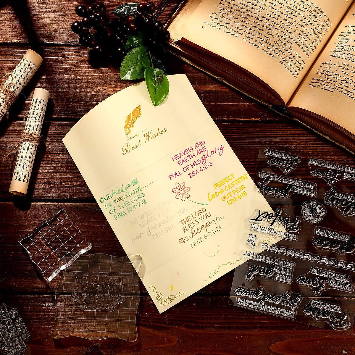 4 Sheets Stamps for Crafting Bible Verse Clear Stamps Set Acrylic Making Christian Scrapbooking Stamp Rubber 2 Pieces Blocks Tools with Grid Lines for DIY Scrapbooking Making(Classic Style)