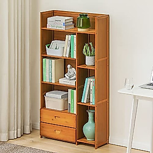 MoNiBloom 4 Tier Bookcase with 2 Drawers, Bamboo Tall Multifunctional Shelf Storage Organizer Book Display Shelves for Bedroom Living Room Office, Brown