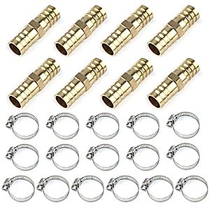 Hamineler 8 Pieces 5/8 Inch Brass Garden Hose Repair Kit, Extension Garden Hose Repair Connector with 16 Pieces Stainless Steel Clamp