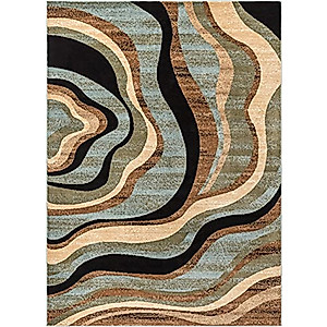Hudson Waves Blue Brown Geometric Modern Casual Area Rug 8x10 8x11 ( 7'10" x 9'10" ) Easy to Clean Stain Fade Resistant Shed Free Abstract Contemporary Natural Lines Multi Soft Living Dining Room Rug
