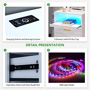 HNEBC RGB LED Nightstand with Wireless Charging Station, Smart Night Stand with 3 Drawers and Sliding Tray, Modern Bedside Table for Bedroom Furniture, High Gloss End Sofa Tables (White)