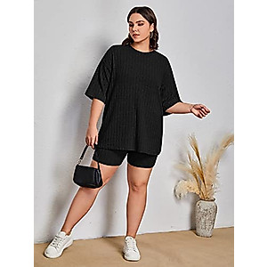 Verdusa Women's Plus Size Lounge Sets 2 Piece Ribbed Half Sleeve Top and Shorts Black 4XL