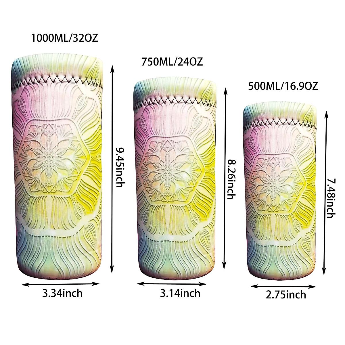 HEABPY Neoprene Water Bottle Carrier ，Water Bottle Strap，Fits 500ml 750ml 1000ml Glass, Plastic, Meta Bottle, Holder with Shoulder Strap,Pouch, Pocket & Carrying Handle (1000ML, Colorful Mandala)