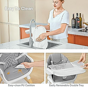 Wooden Baby High Chair, 11 in 1 Convertible Chair for High Chair, Booster Seat, Toddler Chair, for 2 Babies Use Together, Double Tray Highchair with 5-Point Harness & Clean Easily PU Cushion