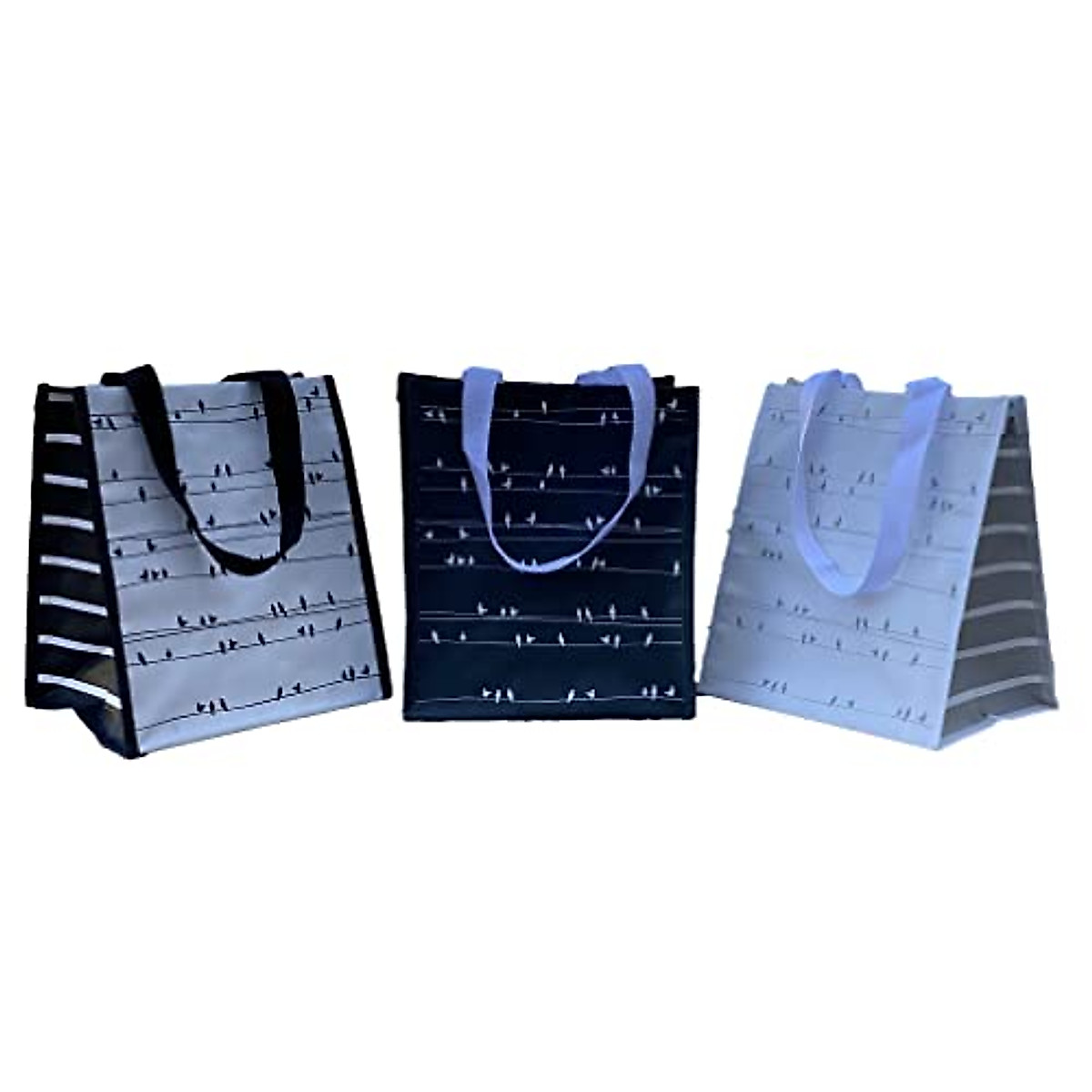 Foremost Reusable Bag Lunch/Gift Birds on a Wire Pattern 3-Pack Multi-Purpose Totes, white and gray, black and white, small (71101-B3)