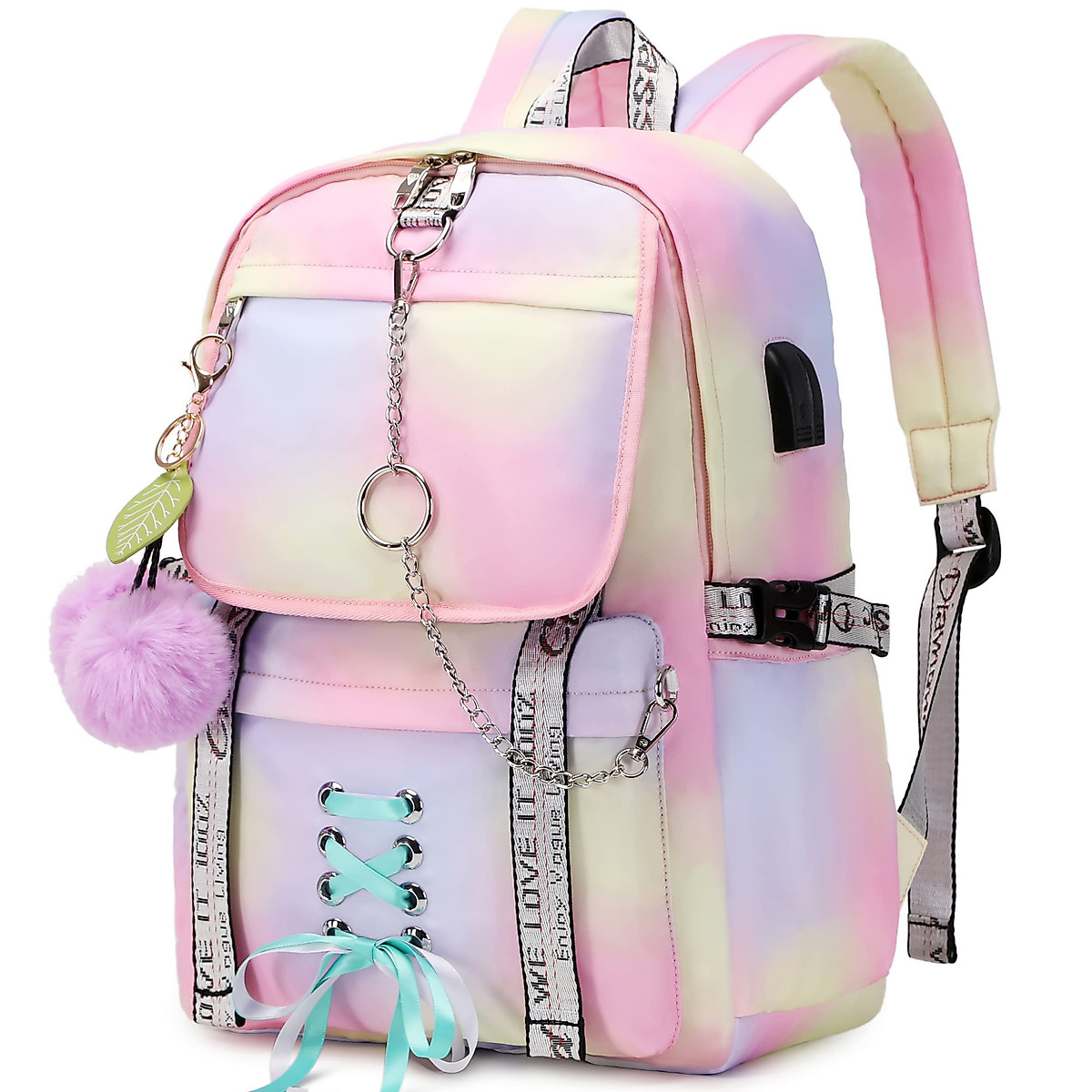 Hey Yoo School Backpack for Girls Backpack with Lunch Box School Bag Bookbag Aesthetic Cute Backpack Set for Teen Girls (Pink)