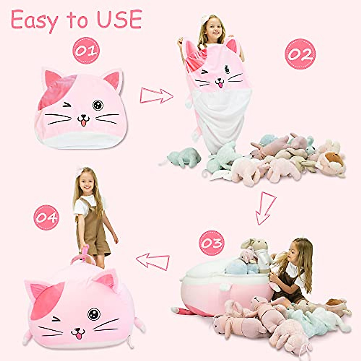 Anzitinlan Cute Cat Bean Bag Chair for Kids, Pink Stuffed Animal Storage Beanbag Chairs for Girls Room Decor, Extra Large Size, Velvet Super Soft Cover Only