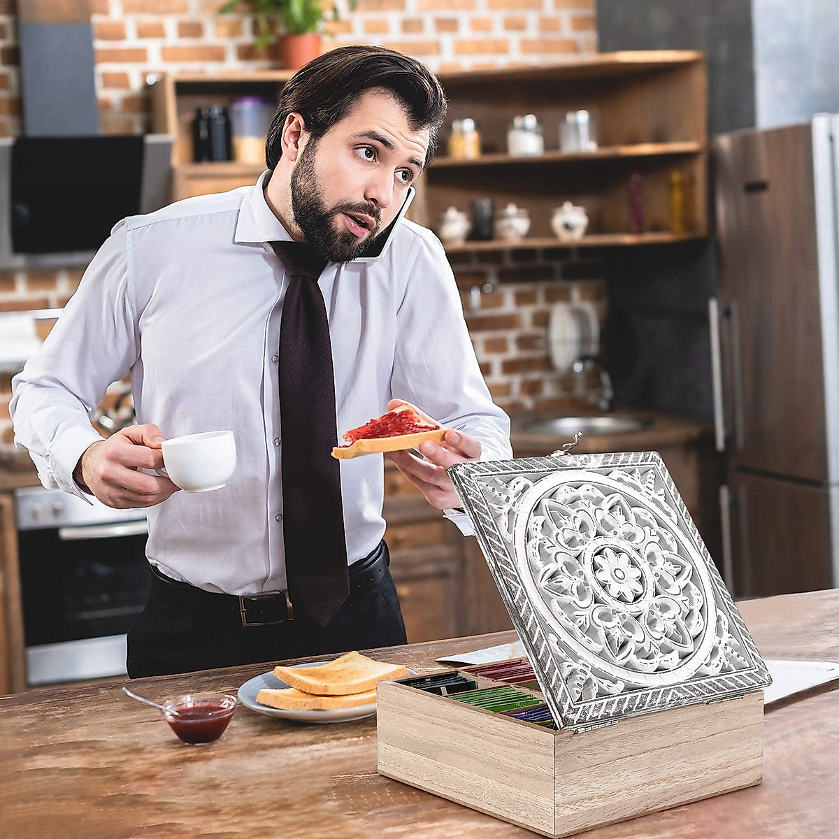 handrong Tea Box for Tea Bag Organizer Tea Bag Holder Tea Box Wooden Rustic Tea Chest with Unique Floral Pattern 9 Compartments for Gift Home Tea House