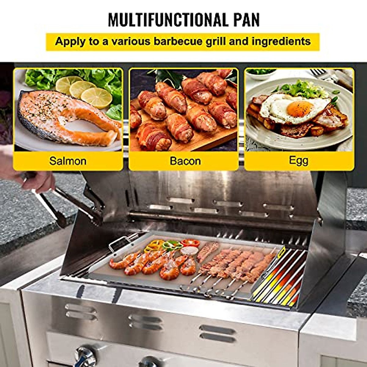 VEVOR Stainless Steel Griddle, 23" x 16" Griddle Flat Top Plate, Griddle for BBQ Charcoal/Gas Gril with 2 Handles, Rectangular Flat Top Grill with Extra Drain Hole for Tailgating and Parties.