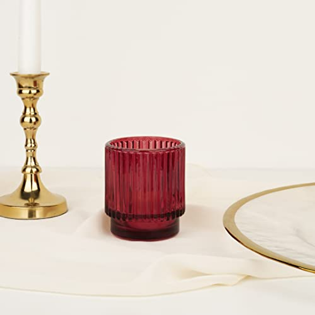 Koyal Wholesale Ribbed Glass Votive Holders (Burgundy, 6)