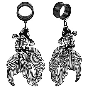 DOEARKO 2PCS Ear Gauges Cool Fish-Pendant 316 Hypoallergenic Stainless Steel Dangle Ear Plugs Tunnels Gauges Stretcher Pair Selling 2g 0g Piercing Body Jewelry (14mm(9/16"), Black)