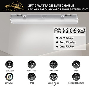 2FT LED Vapor Tight Light, IP65 IK08, 10W(1250lm)/20W(2500lm) Selectable, 5000K, 100-277V, Outdoor Waterproof Shop Light, Vapor Proof Lighting Fixture for Carport Parking Garage Car Wash, FCC Listed