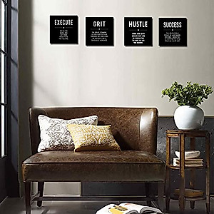 Motivational Grit Success Execute Hustle Quotes Canvas Wall Art -Inspirational Office Wall Art Poster Quotes - Canvas Artwork Picture Print Framed for Home Bedroom Office Wall Decor-12 x12 x4pcs