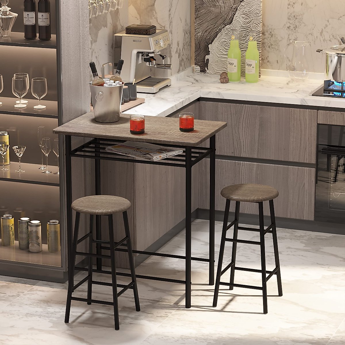 Weehom Bar Table with 2 Bar Stools, Pub Dining Table Set, Kitchen Counter Height Table with Bar Chairs, Bistro Table Sets for Kitchen Living Room, Built in Storage Layer